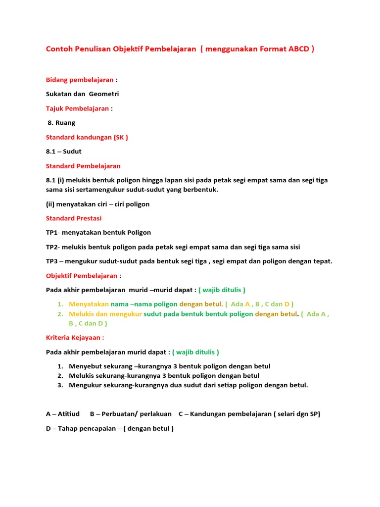 Contoh Penulisan Objektif Pembelajaran | PDF