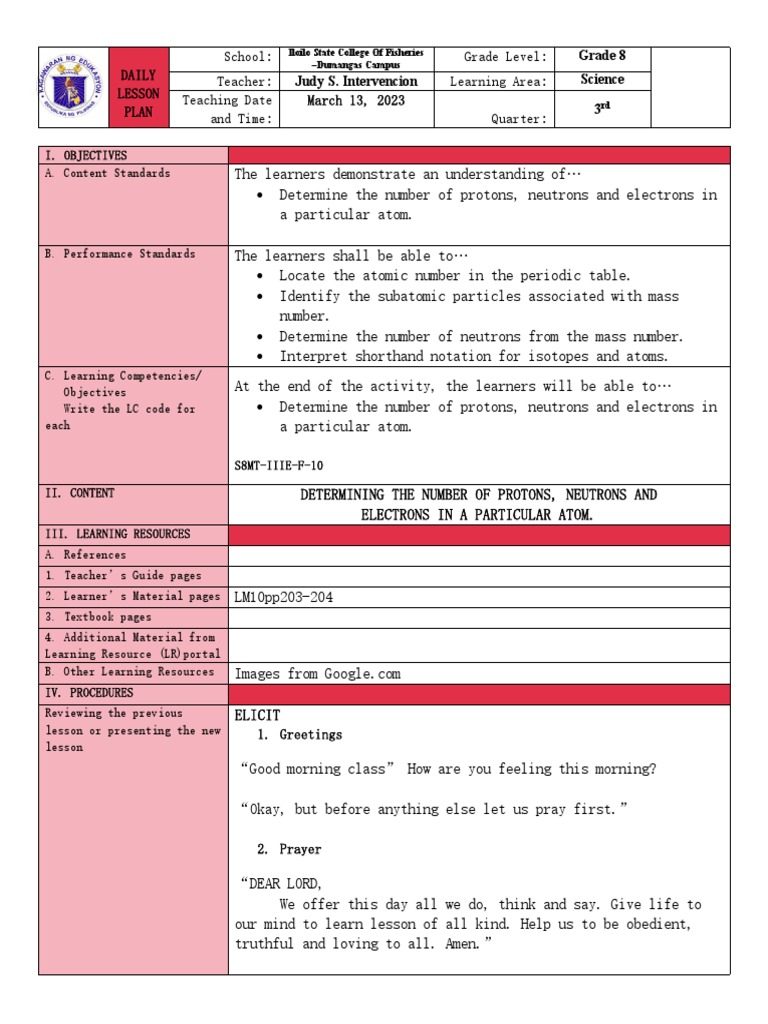 Lesson Plan Atoms | PDF | Atoms | Proton