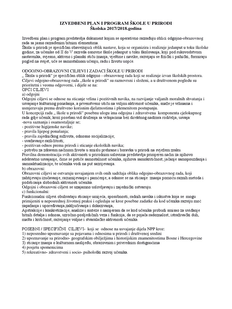 Izvedbeni Plan Skole U Prirodi Ekskurzije Terenske | PDF