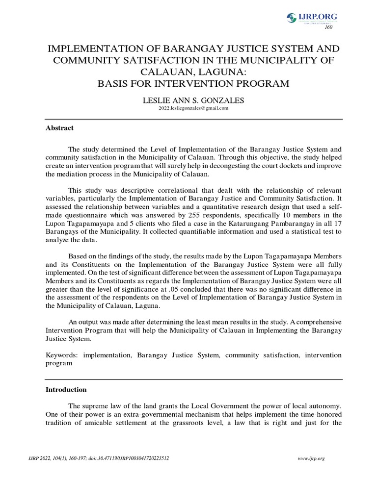 Implementation of Barangay Justice System and Community Satisfaction in The Municipality of ...