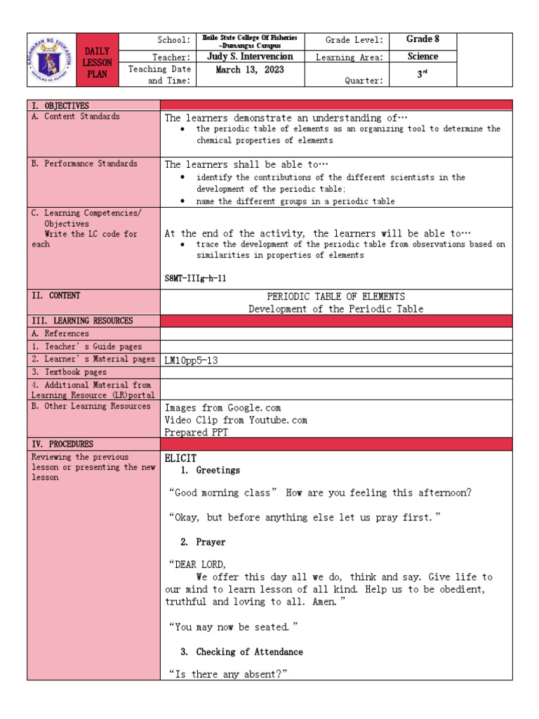 8th Grade Periodic Table Lesson Plan | PDF | Periodic Table | Learning