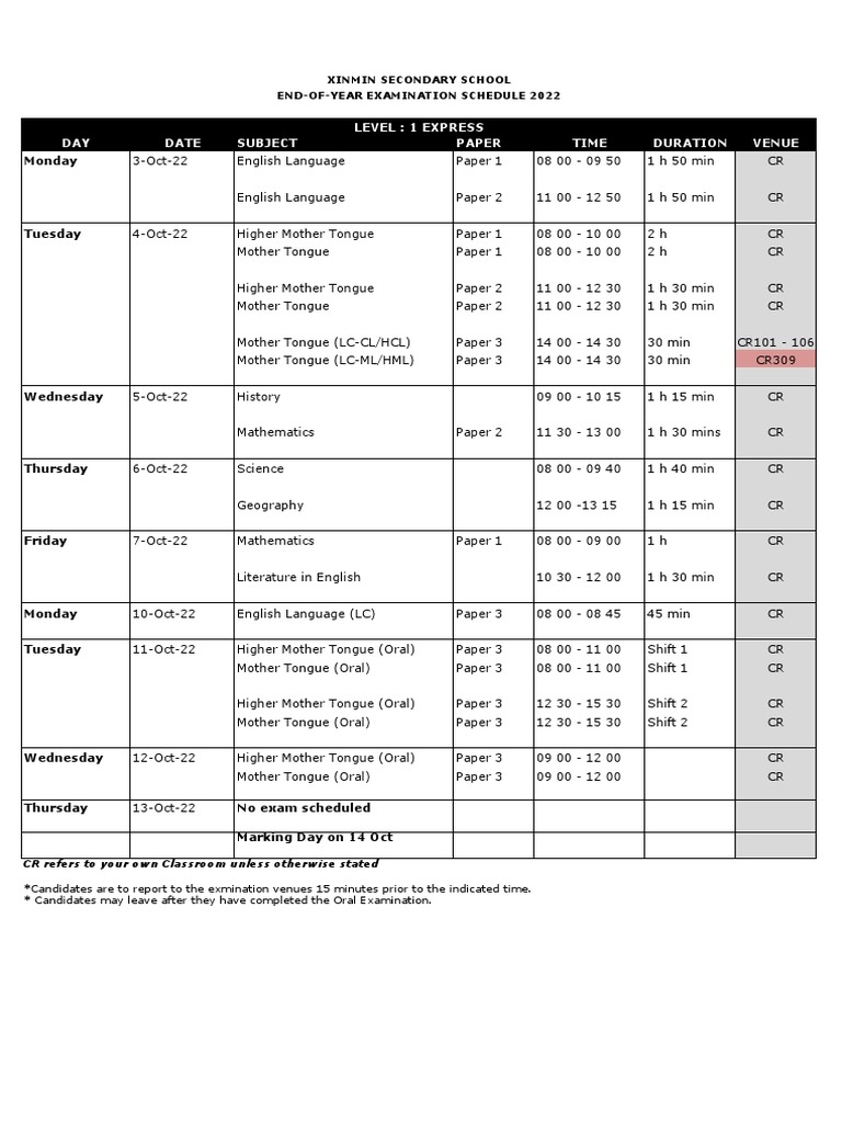 EOY - Timetable - 2022 - SCH Website PDF | PDF | Humanities | Science