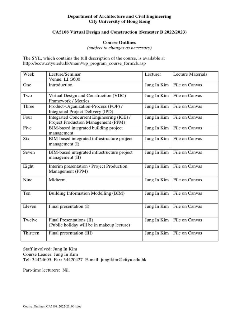 Course Outlines CA5108 2022-23 001 | PDF | Building Information ...
