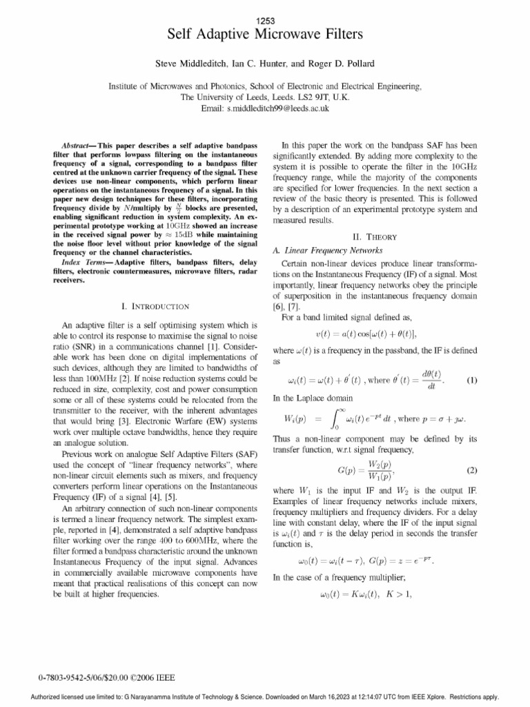 Self Adaptive Microwave Filters | PDF | Filter (Signal Processing) | Bandwidth (Signal Processing)