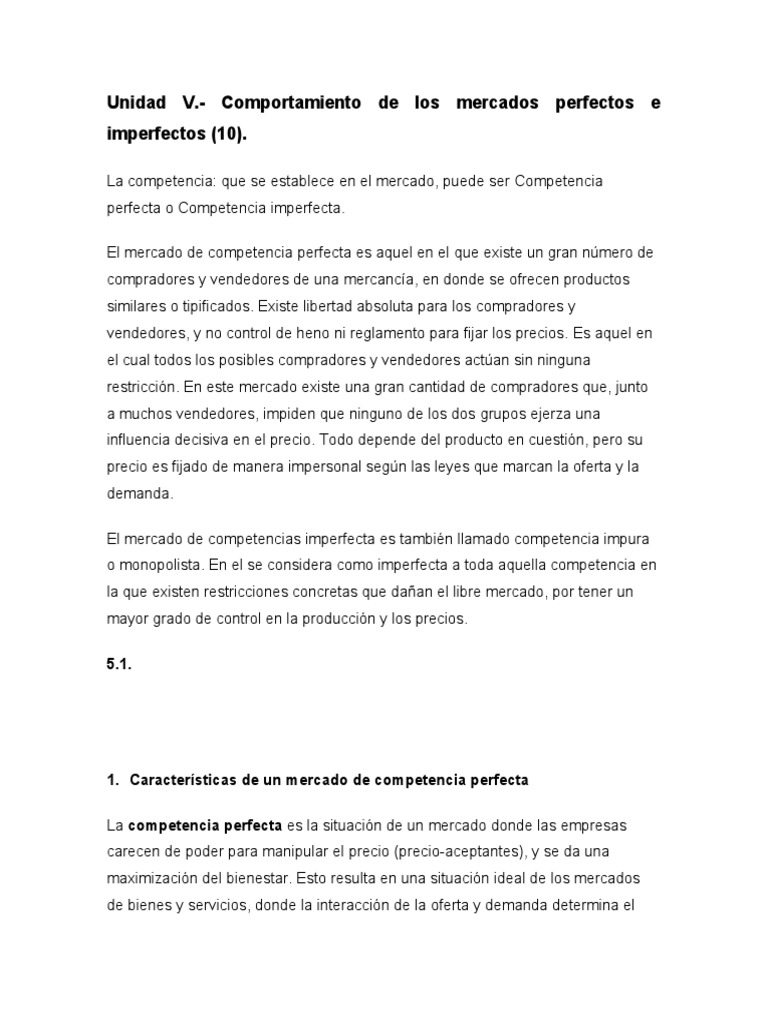 Unidad 5 Comportamiento de Los Mercados Perfectos e Imperfectos | PDF | Monopolio | Mercado ...