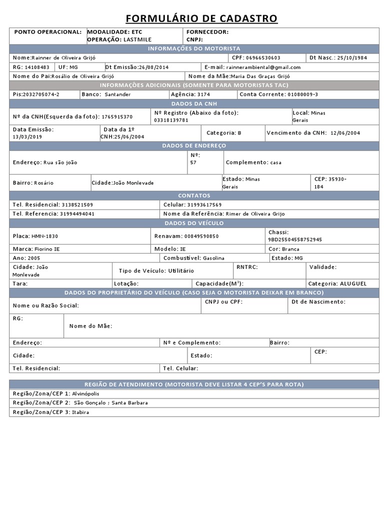 Ficha de Cadastro Motorista | PDF | Carteira de Motorista | Transporte Ficha de Cadastro Motorista | PDF | Carteira de Motorista | Transporte