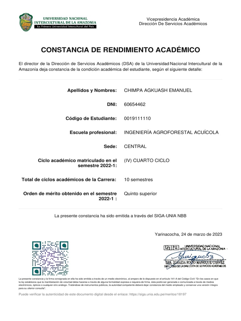 Constancia de Rendimiento Académico: Apellidos y Nombres | PDF