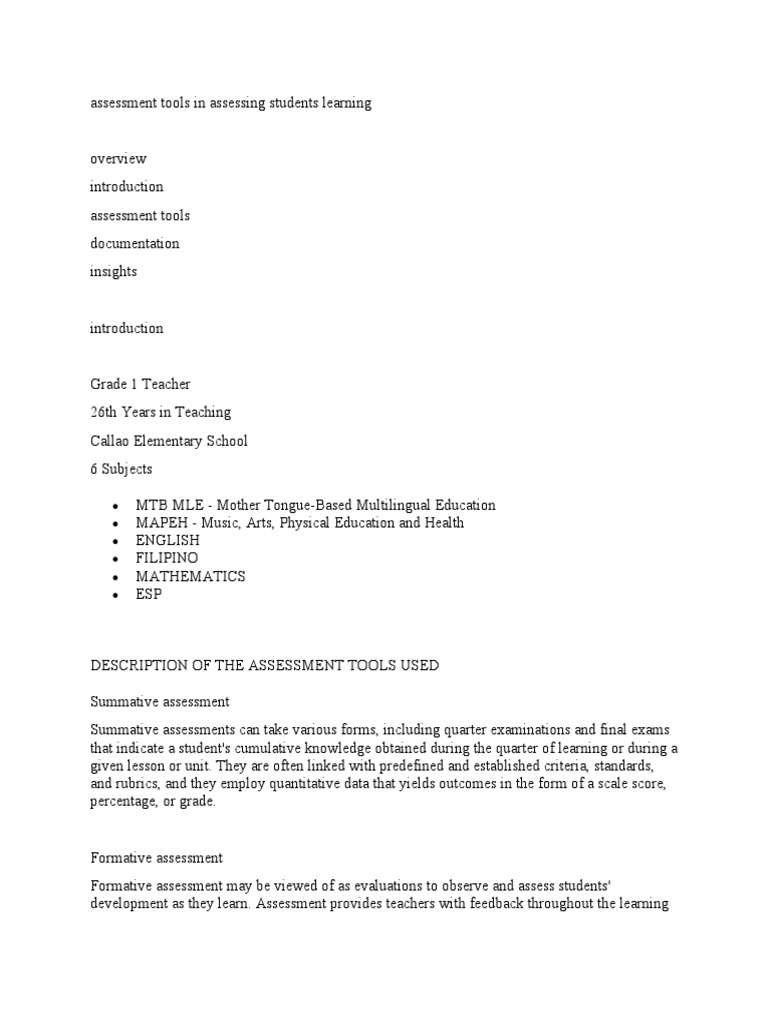 Assessment Tools in Assessing Students Learning | PDF | Educational Assessment | Learning