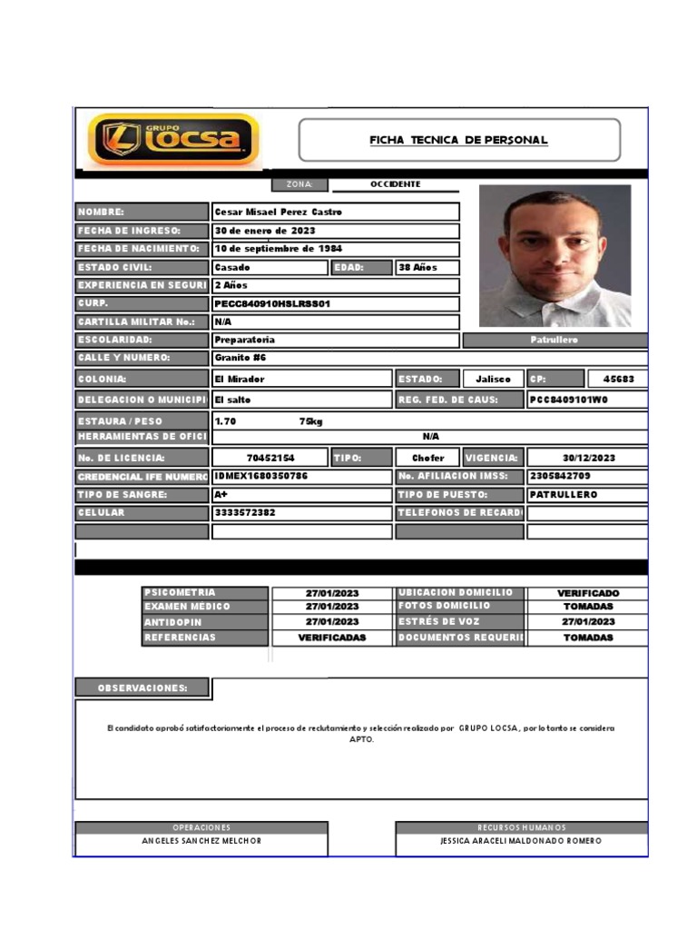 Ficha Tecnica Cesar Perez | PDF