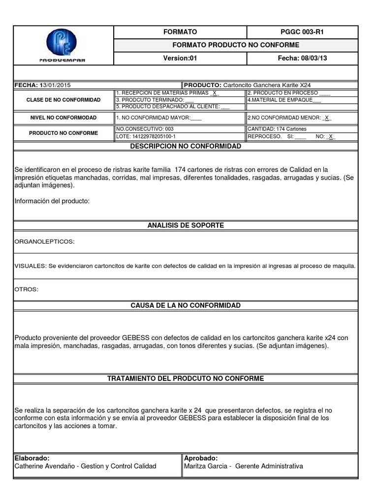 PGGC 003-R1 Formato Reporte de Producto No Conforme GEBESS | PDF
