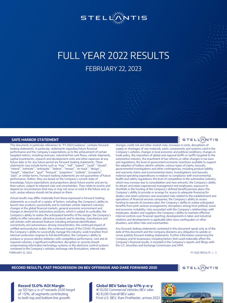 Stellantis FY 22 Results Presentation | PDF | Motor Vehicle | Vehicles