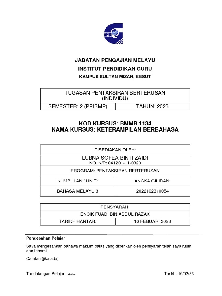 Kod Kursus: BMMB 1134 Nama Kursus: Keterampilan Berbahasa: Jabatan ...