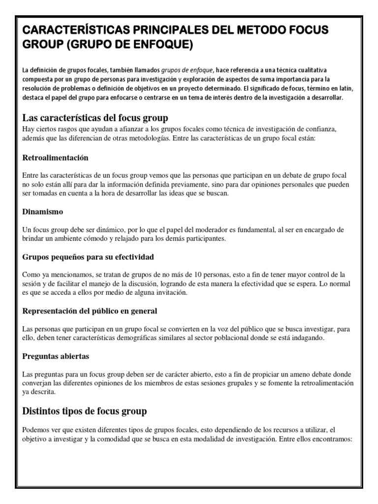 ACT 3 CARACTERÍSTICAS PRINCIPALES DEL METODO FOCUS GROUP | PDF | Grupo de enfoque | Comunicación