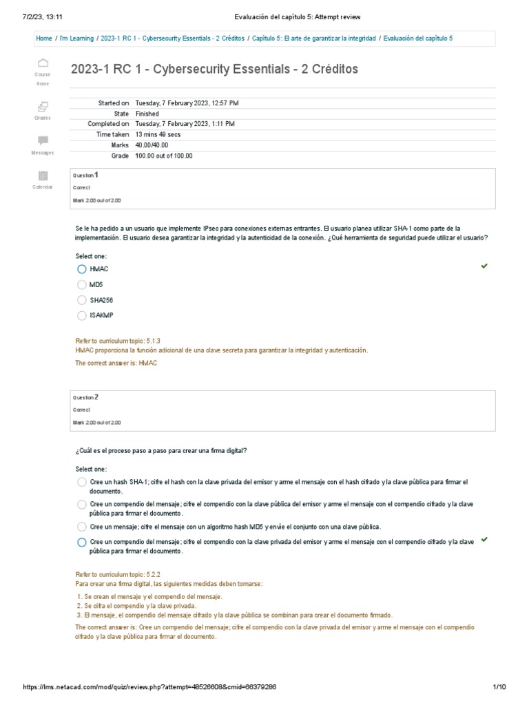 Evaluación Del Capítulo 5 - Attempt Review | PDF | Clave (criptografía) | Contraseña
