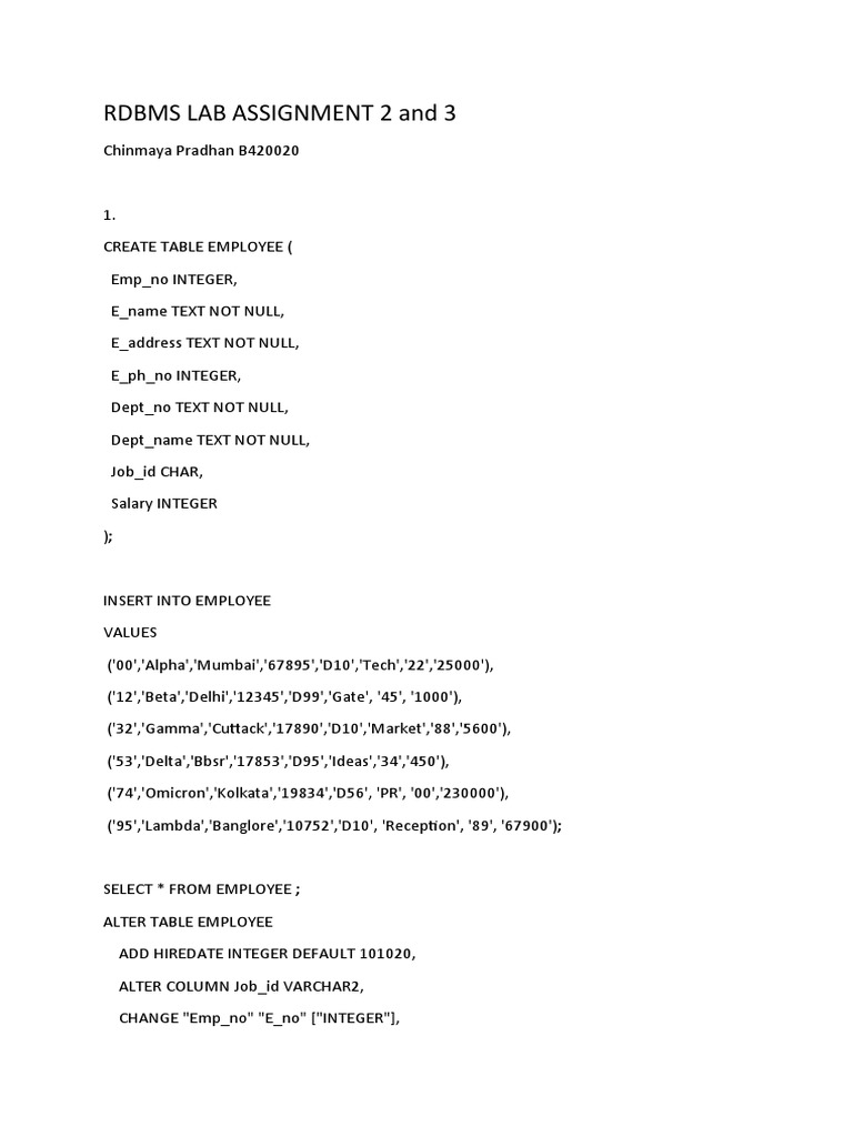 RDBMS LAB ASSIGNMENT 2 and 3 B420020 | PDF | Computer Programming | Software Engineering
