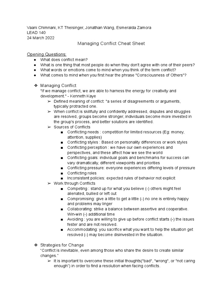 Managing Conflict Cheat Sheet | PDF | Thought | Awareness