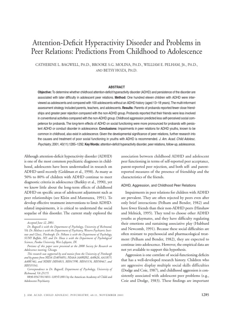 Attention-Deficit Hyperactivity Disorder and Problems in Peer Relations: Predictions From ...