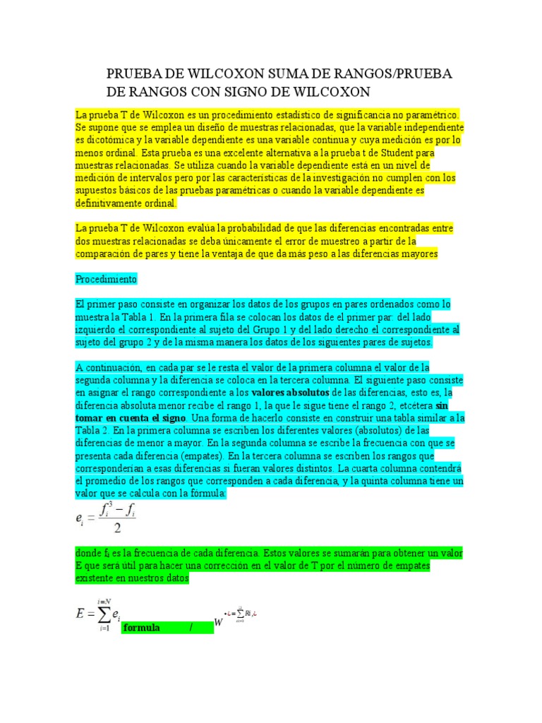 Prueba de Wilcoxon Suma de Rangos | PDF | Medición | Prueba T de Student
