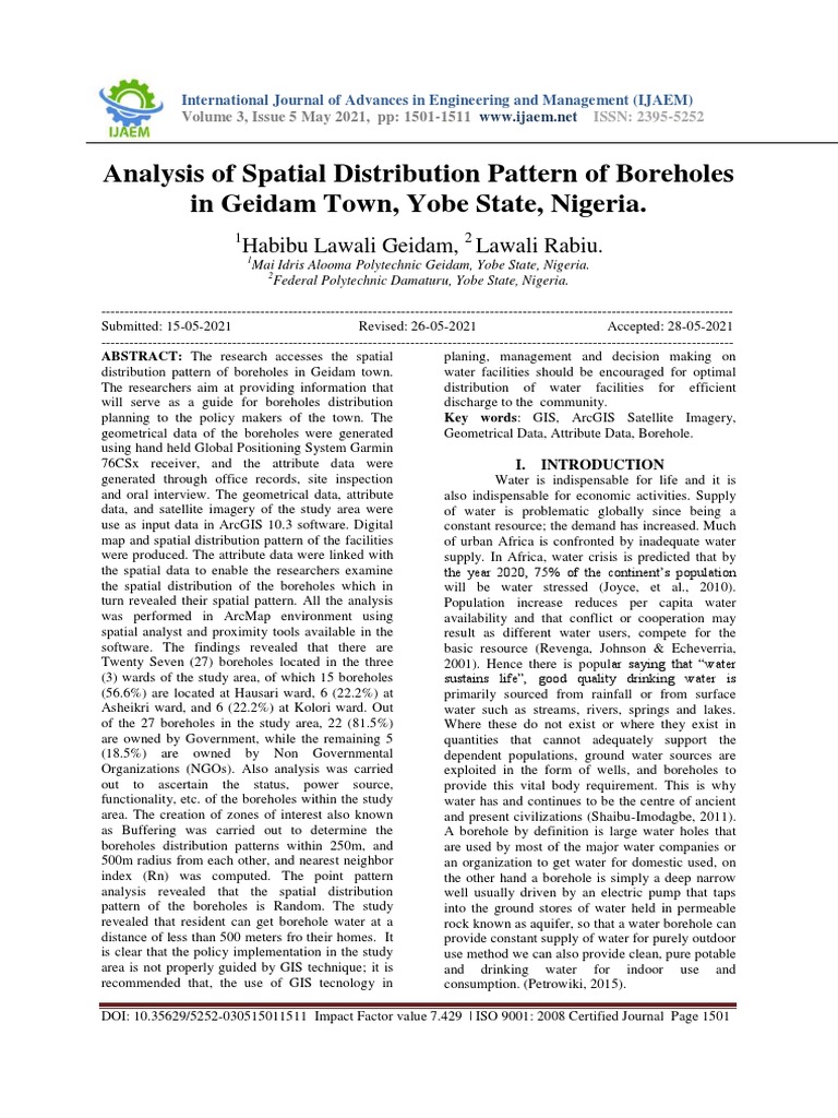 Analysis of Spatial Distribution Pattern of Boreholes in Geidam Town, Yobe State, Nigeria. | PDF ...