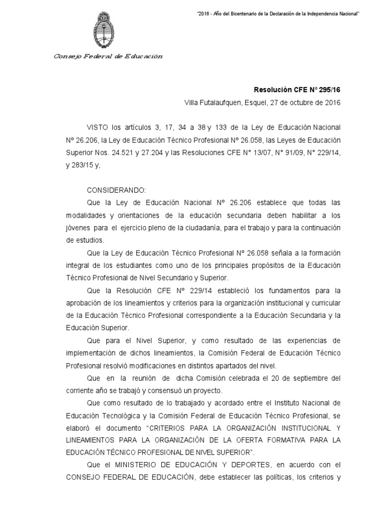 RCFE - 295-16 y Anexo I PDF | PDF | Educación más alta | Conocimiento