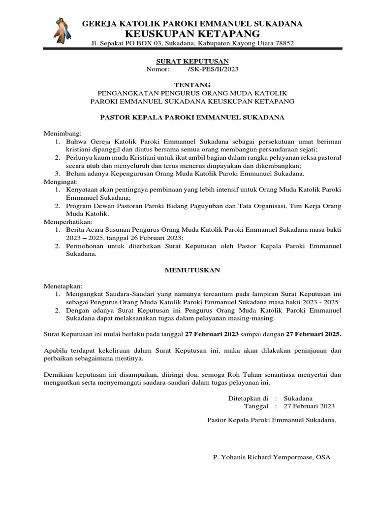 Draft SK Pengurus Omk Paroki Emmanuel Sukadana | PDF