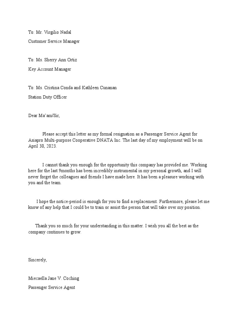 Resignation Letter from Asiapro Agent | PDF