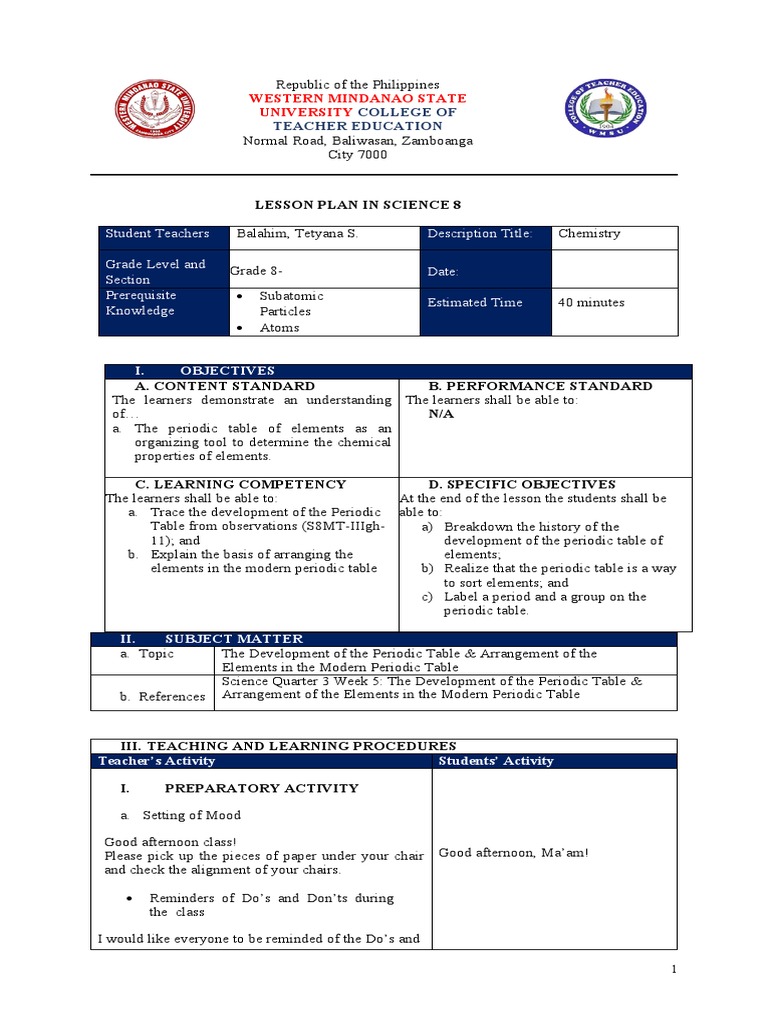 Development of The Periodic Table Lesson Plan | PDF | Chemical Elements | Periodic Table