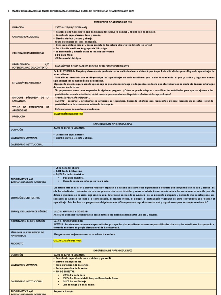 Matriz Organizacional Anual o Programa Curricular Anual de Experiencias de Aprendizajes 2022 ...