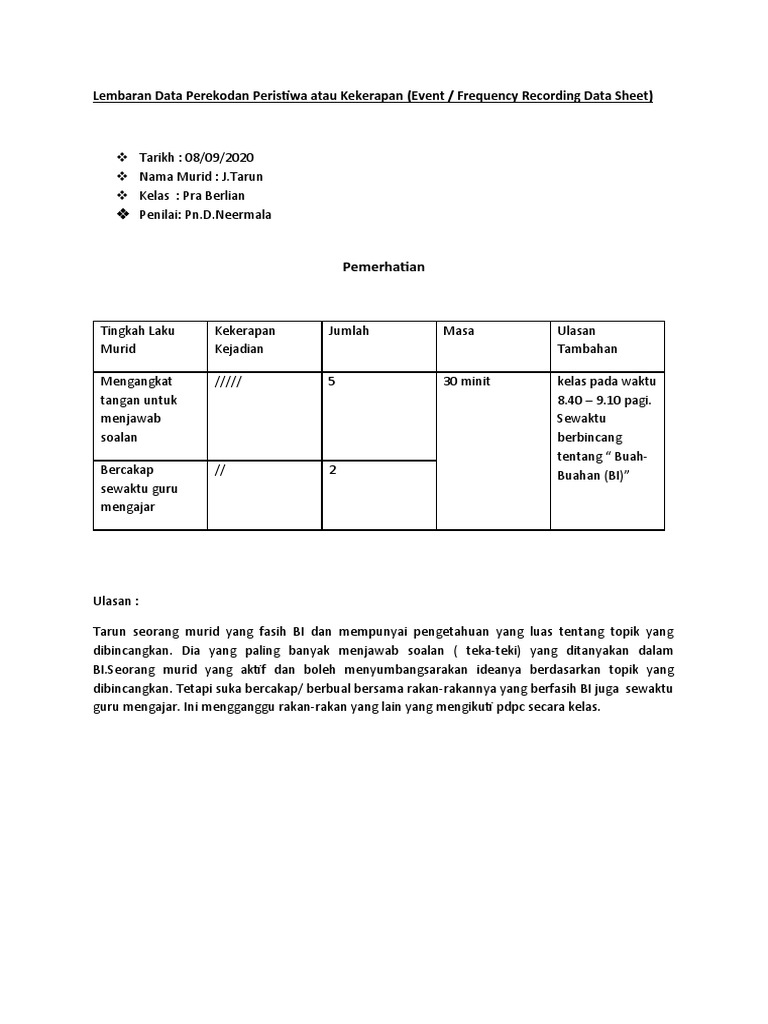 Lembaran Data Perekodan Peristiwa Atau Kekerapan | PDF