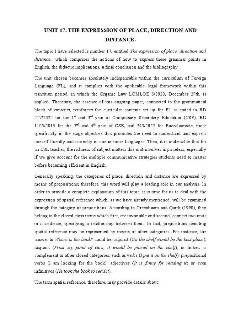 Unit 17. The Expression of Place, Direction and Distance | PDF ...