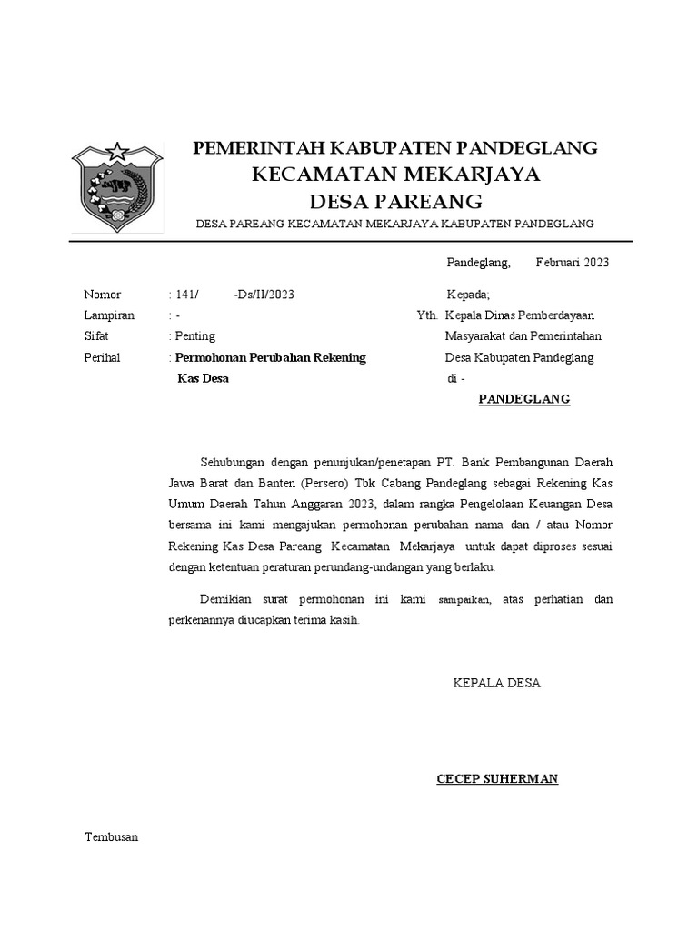 Surat Permohonan Perubahan Rekening Kas Desa | PDF