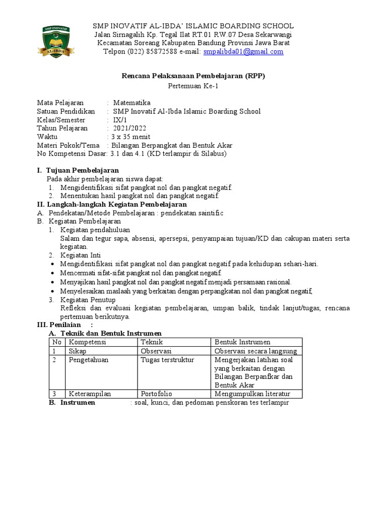 RPP Matematika Kelas IX SMP Al-Ibda | PDF | Karier & Perkembangan