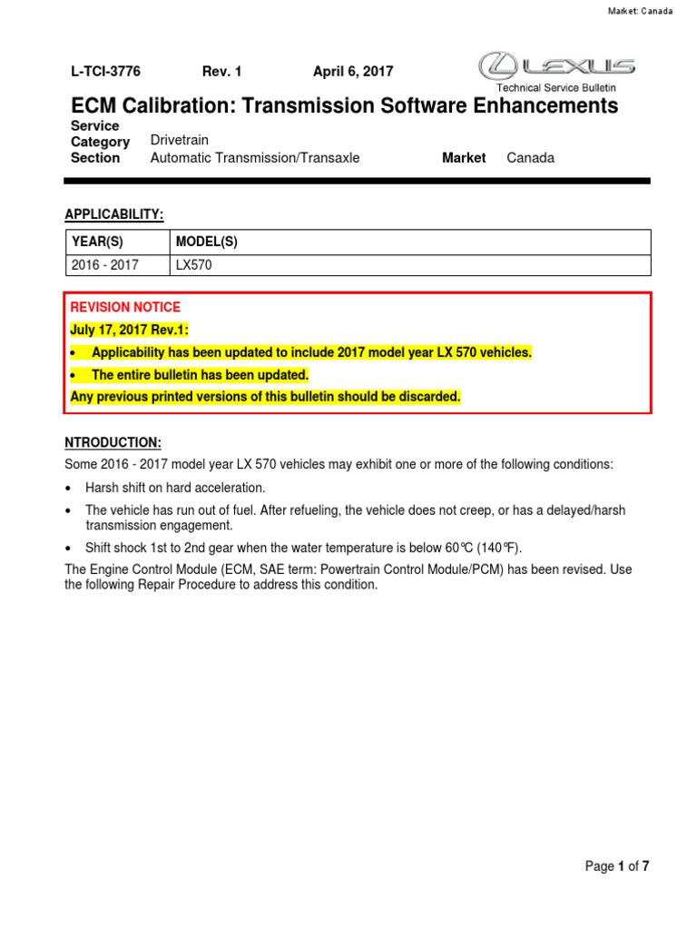 ECM Calibration Transmission Software Enhancements Lexus 570 2016 2017 Canada | PDF | Manual ...