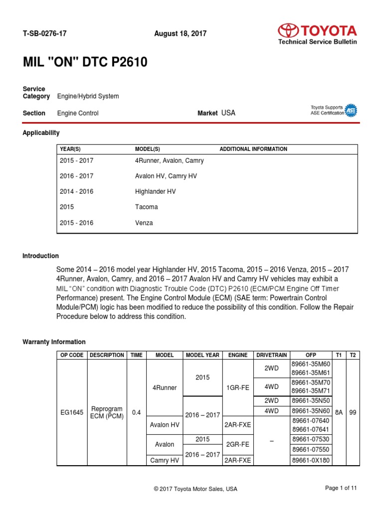 MIL On DTC P2610 AVALON CAMRY HIGHLANDER TACOMA VENZA 4RUNNER | PDF ...