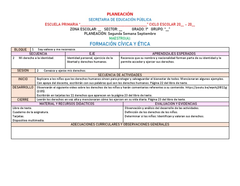 Planeación Formación Cívica y Ética Primer Grado SEP - Octubre PDF | PDF | Educación primaria ...