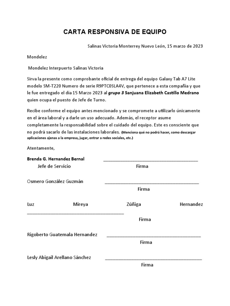 Carta Responsiva de Equipo | PDF