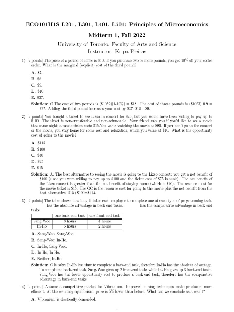 ECO101 Fall 2022 Midterm 1 A Questions and Solutions | PDF | Elasticity (Economics) | Demand