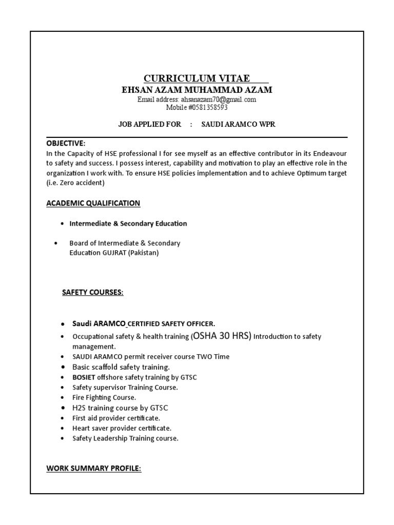 WPR Ehsan CV | Download Free PDF | Safety | Personal Protective Equipment