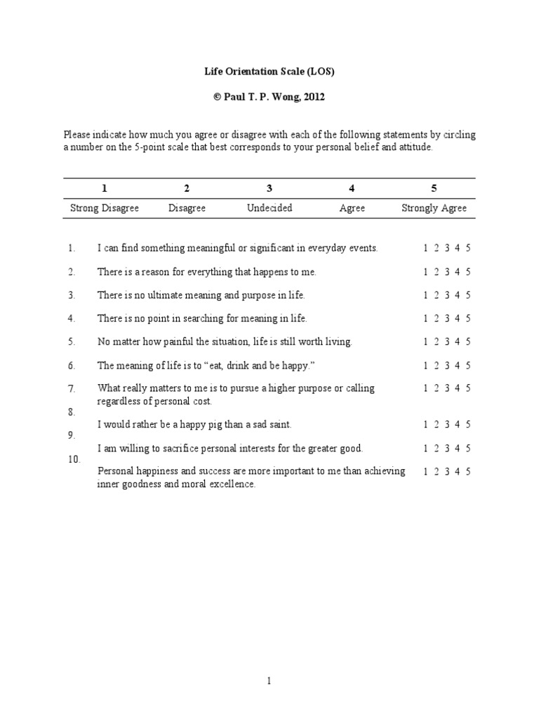 Life Orientation Scale LOS Meaing Mindset Wong 2012 Scale | PDF