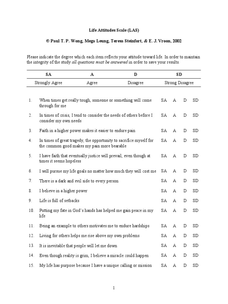 Life Attitudes Scale LAS Tragic Optimism Wong Leung Steinfort Vroon ...