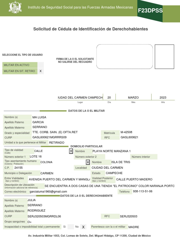 Solicitud de cédula de identificación para beneficiaria de militar retirado | PDF | México