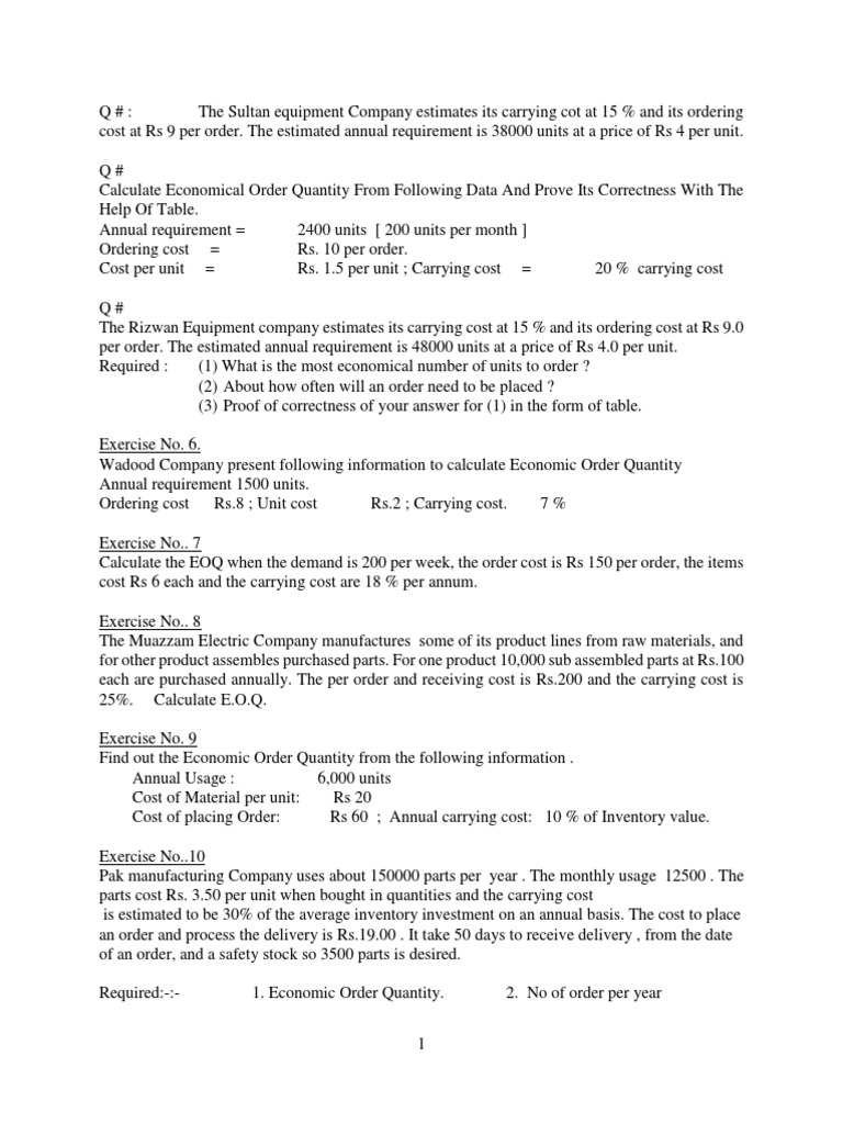EOQ Questions | PDF | Inventory | Cost