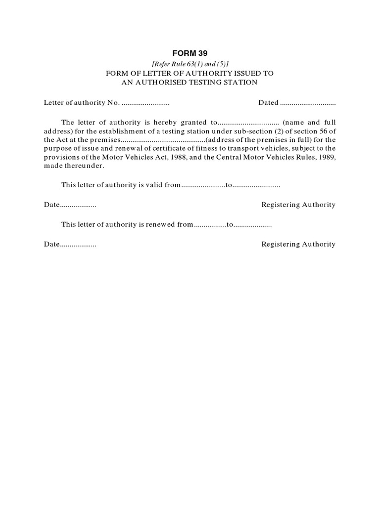 Form 39: Authority for Testing Station | PDF | Finance & Money ...