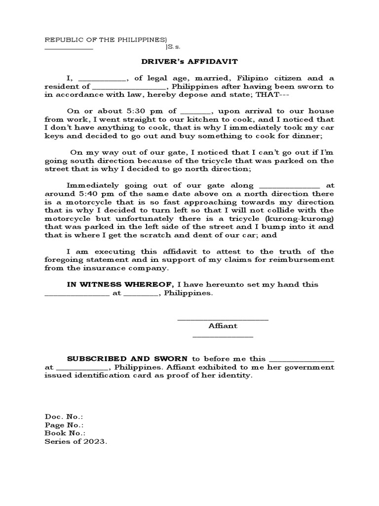 Drivers Affidavit Sample - ) | PDF