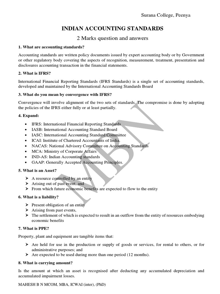 Indian Accounting Standards: 2 Marks Question and Answers | PDF ...