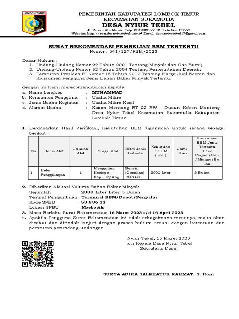 Surat Rekomendasi Pembelian BBM 5203060107730388 2023-03-16 127 | PDF