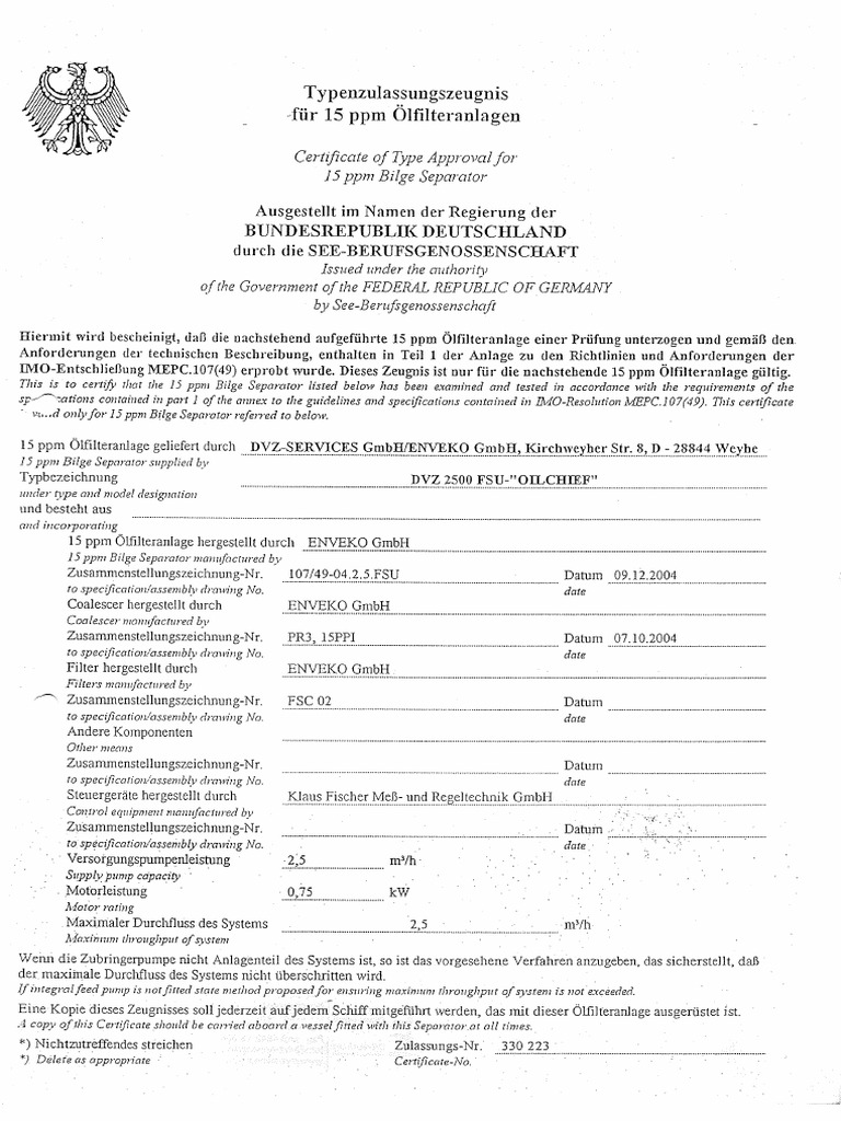 DVZ - Deckma Type Approval Certificates | PDF