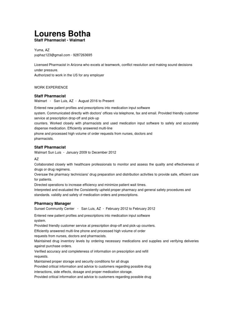 Experienced Arizona Staff Pharmacist | PDF | Pharmacy | Prescription Drugs