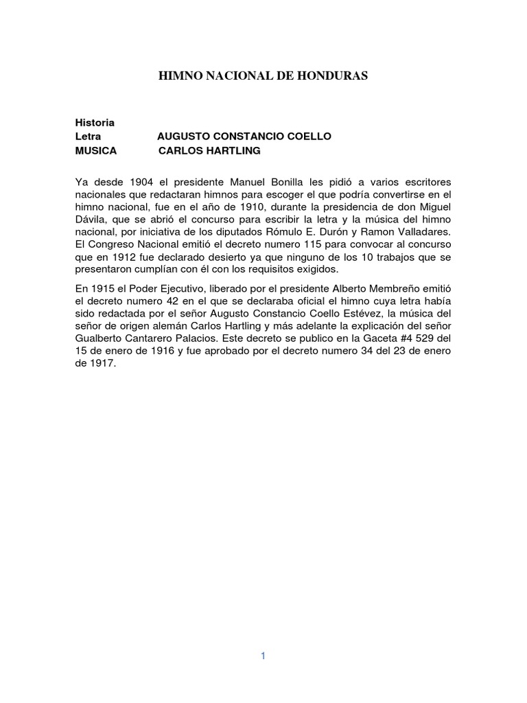 Himno Nacional de Honduras 1 | PDF | Metro (poesía) | Ritmo