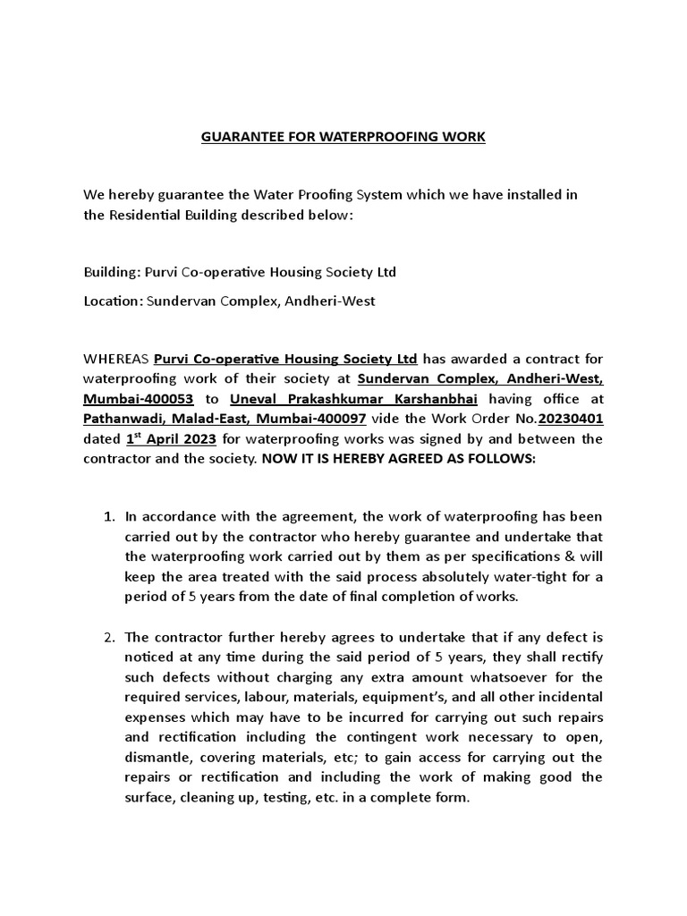 Guarantee For Waterproofing Work | PDF | Guarantee | Business Law